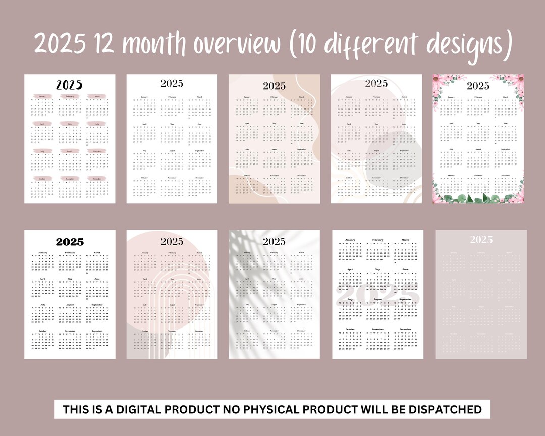 2025 Printable 12 Month Overview, Calendar, PDF File, A3, A4, A5 Sizes ...