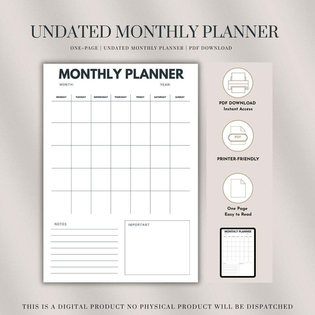 One Page Planner, Undated, Printable, PDF, A4, Monday and Sunday Start ...