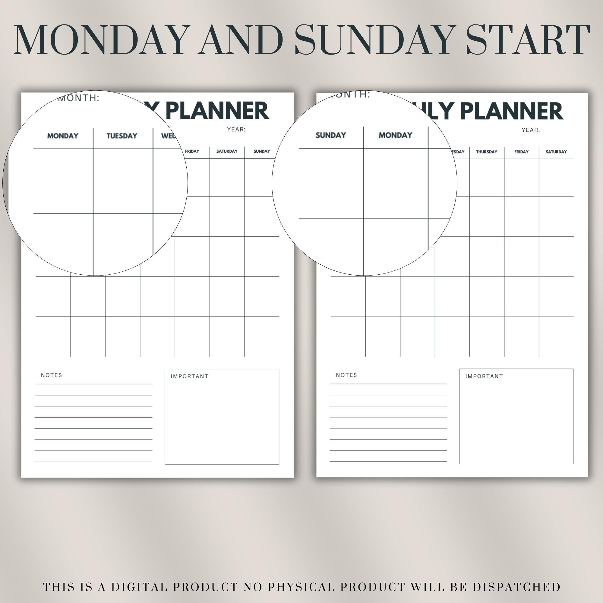 One Page Planner, Undated, Printable, PDF, A4, Monday and Sunday Start ...