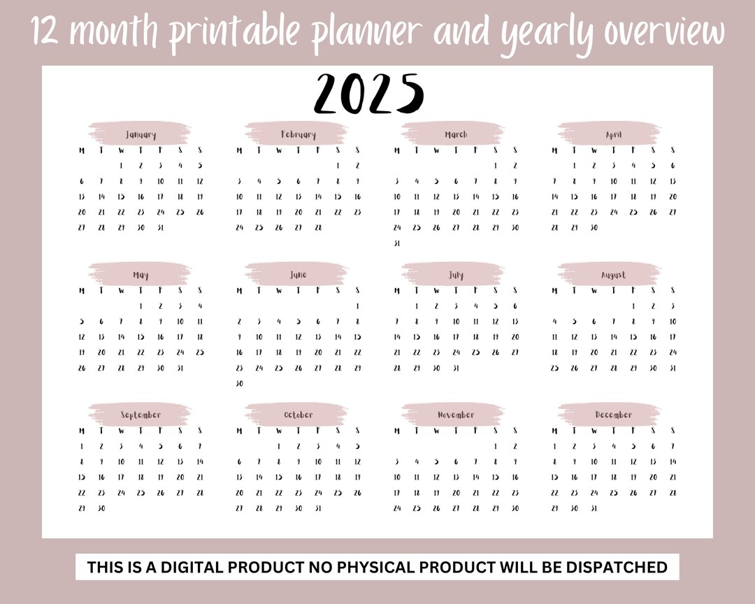 2025 Printable 12 Month Overview, Landscape, PDF File, A3, A4 and A5 ...