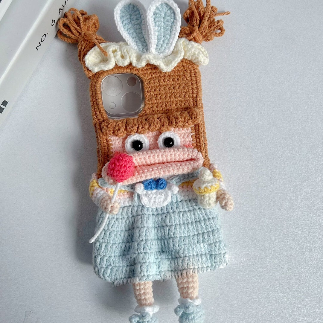 Light Blue Dress Holding Roses Handmade Knitted Wool Phone Case Cute ...