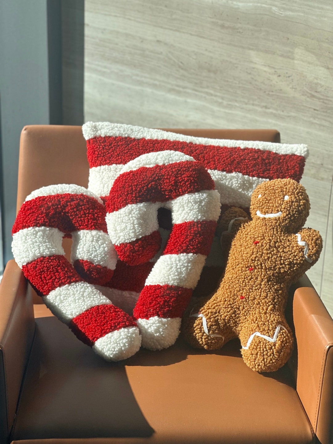Candy Cane Teddy Pillow, Gingerbread Man Plush Pillow, Faux Fur ...