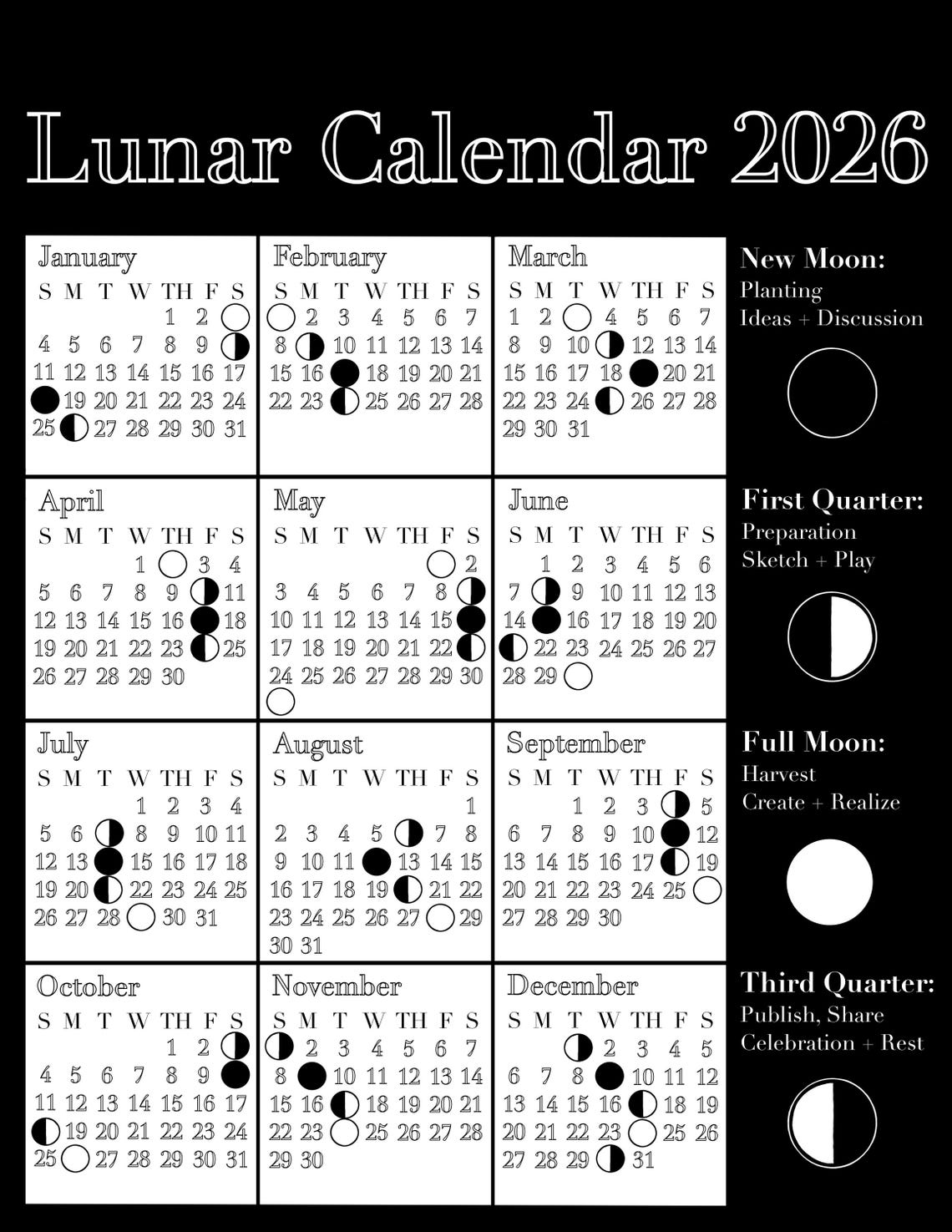 NEW! 2026 Lunar Calendar - Digital Download- Moon Planner- Schedule ...