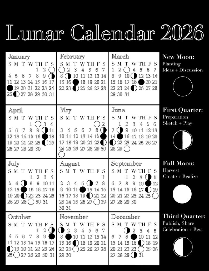 NEW! 2026 Lunar Calendar - Digital Download- Moon Planner- Schedule ...