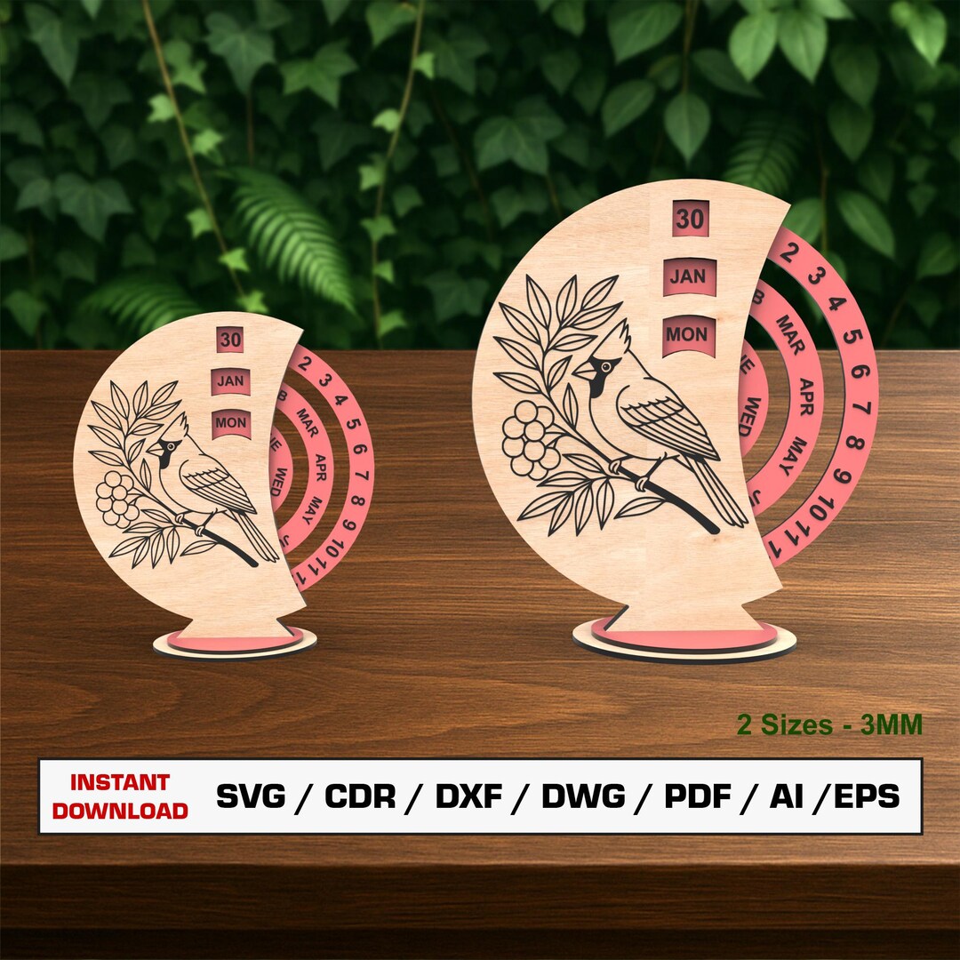Perpetual Calendar Laser Cut File SVG, Cardinal Bird, Desktop Calendar ...
