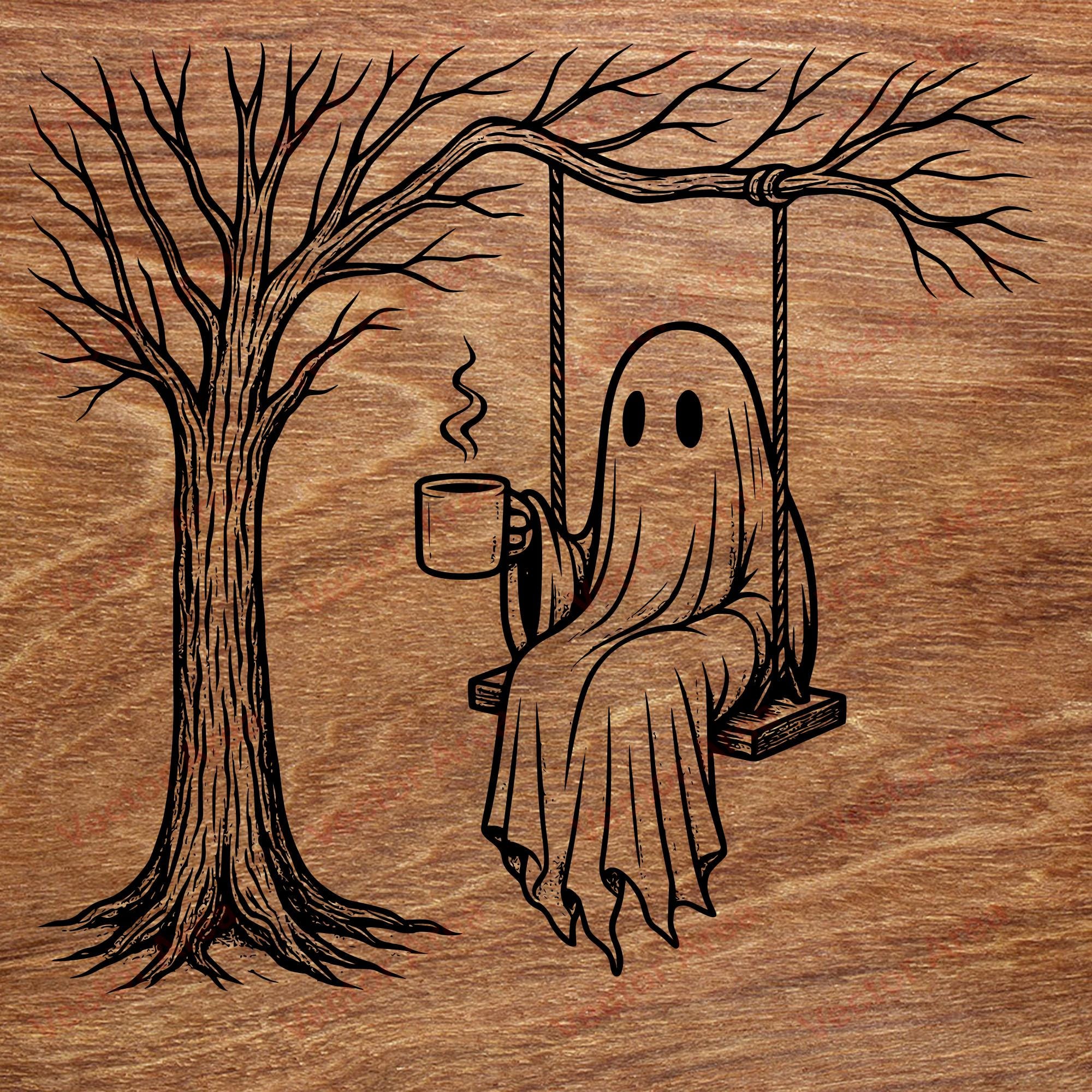 Ghost SVG, Chilling Ghost on Swing, Halloween Decor Laser Engraving ...