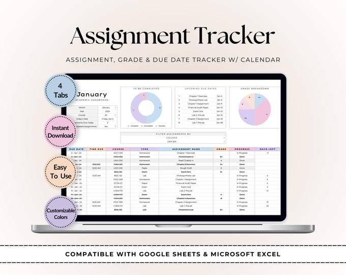 Assignment Tracker Student Homework Planner Google Sheets Excel 2024 ...