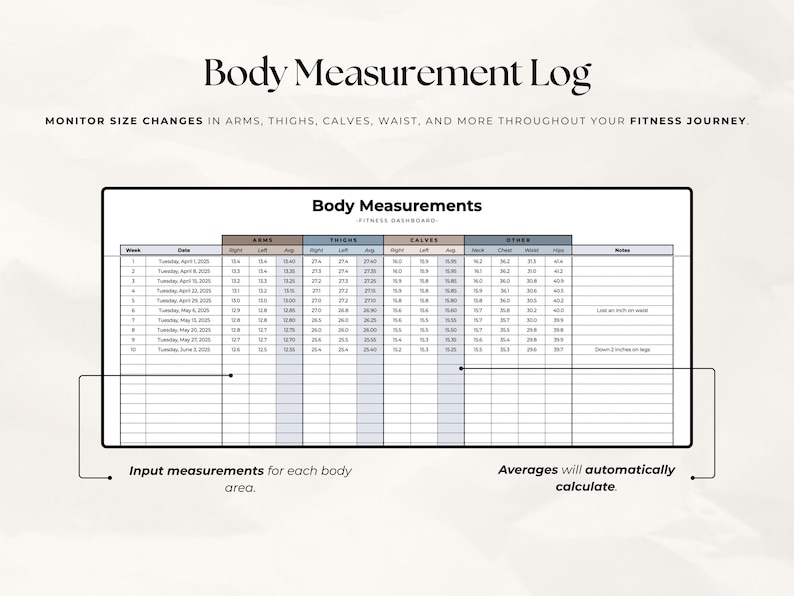 Body Size Tracker | Digital Fitness Log for Google Sheets & Excel - Etsy