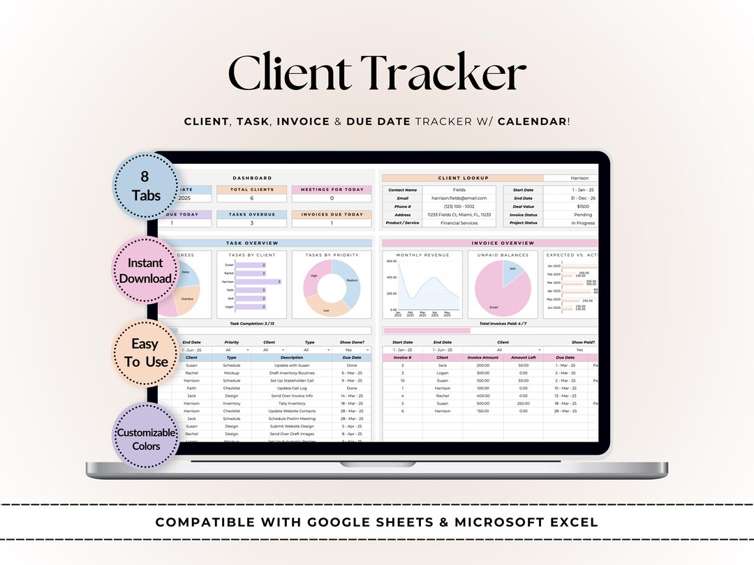 Client Tracker Template for Excel & Google Sheets | Business Organizer ...