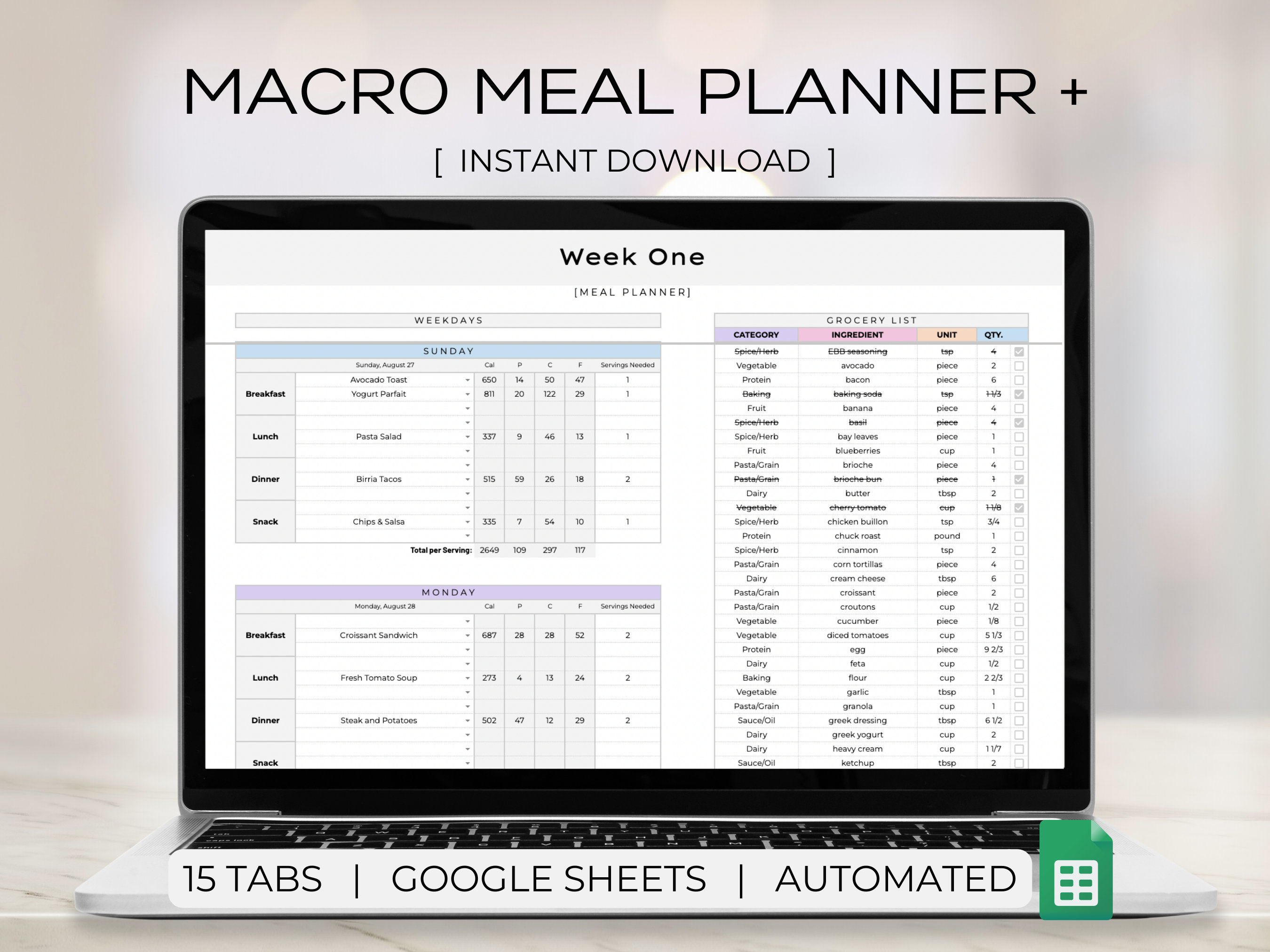 Macro Meal Planner and Grocery List, Google Sheets, Monthly Meal ...