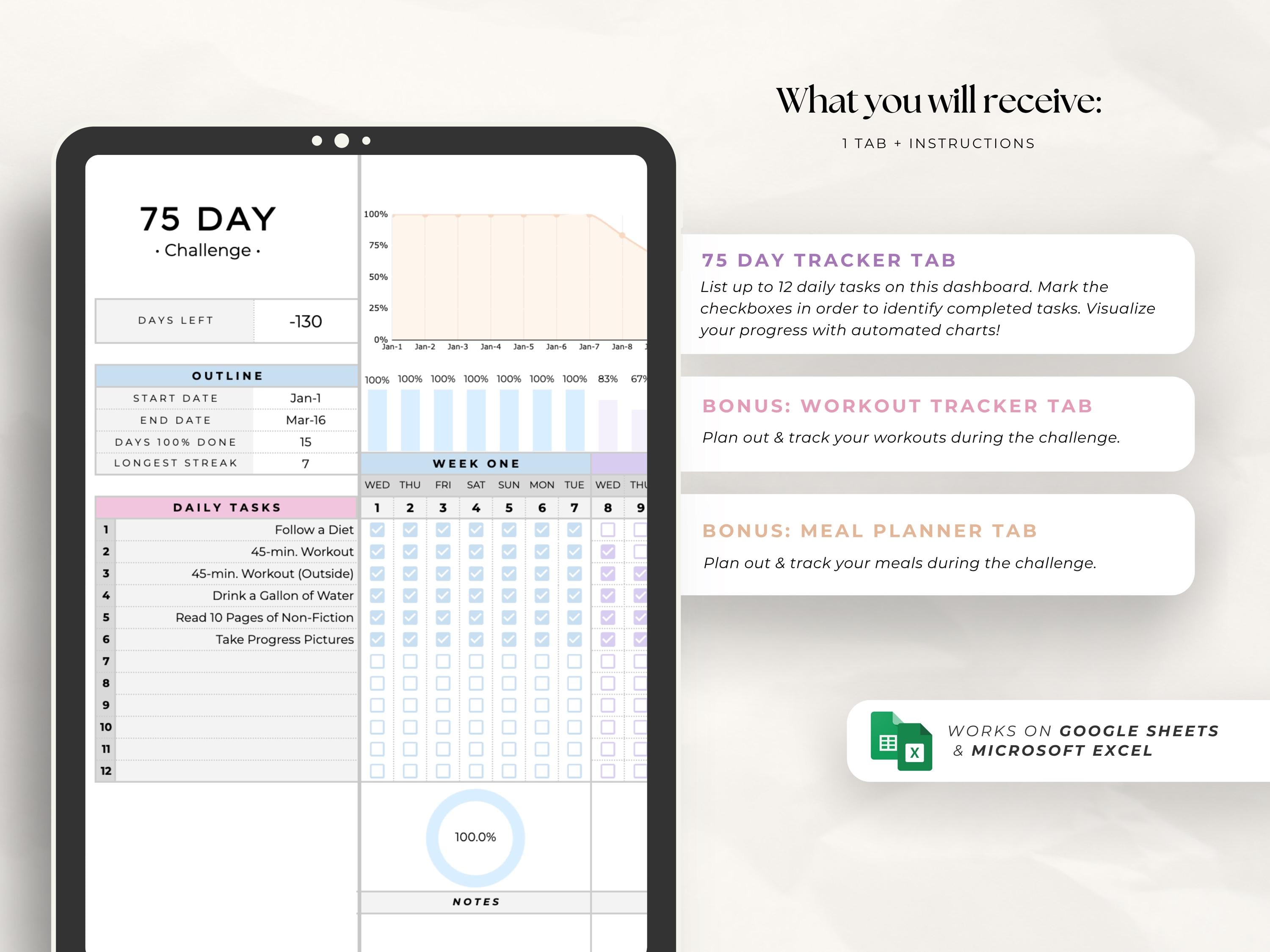75 Day Challenge Tracker | Google Sheets & Microsoft Excel | Meal ...