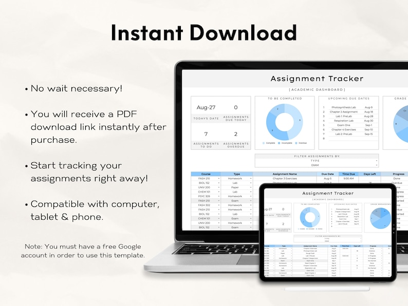 Assignment Tracker Spreadsheet, Google Sheets Template, Homework ...