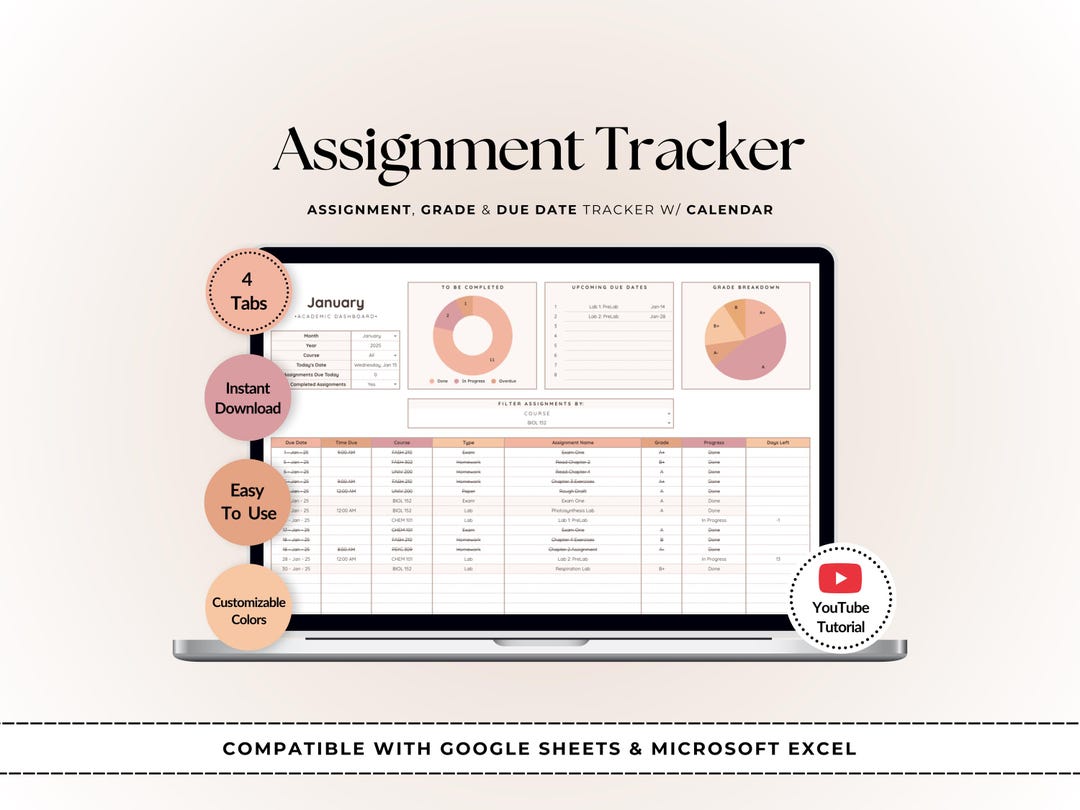 Student Planner: Homework Tracker Spreadsheet for Google Sheets & Excel ...