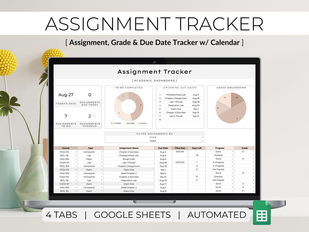 Assignment Tracker Spreadsheet, Google Sheets Template, Homework ...