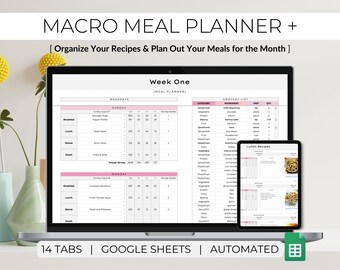 Macro Meal Planner and Grocery List, Google Sheets, Monthly Meal ...