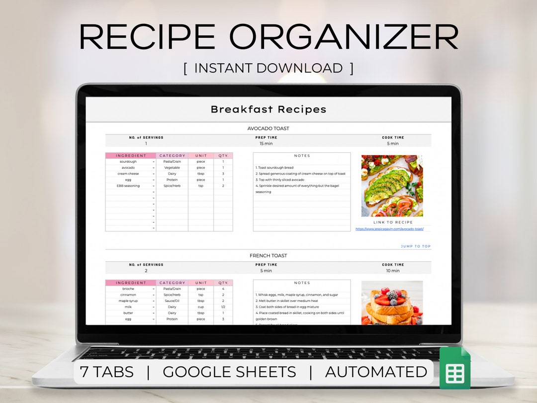 Recipe Organizer, Google Sheets, Recipe Log, Digital Recipe Book - Etsy