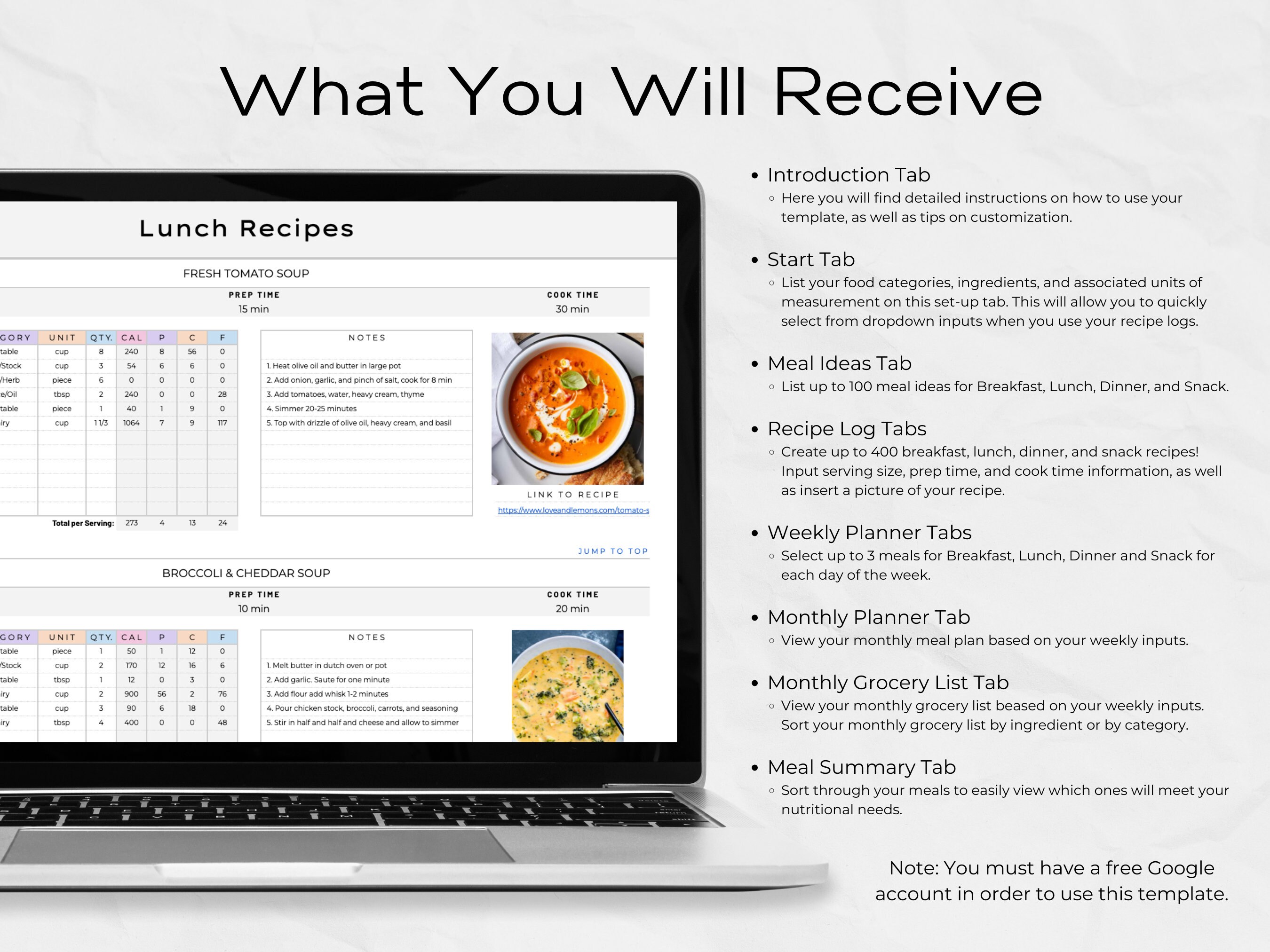 Macro Meal Planner and Grocery List, Google Sheets, Monthly Meal ...
