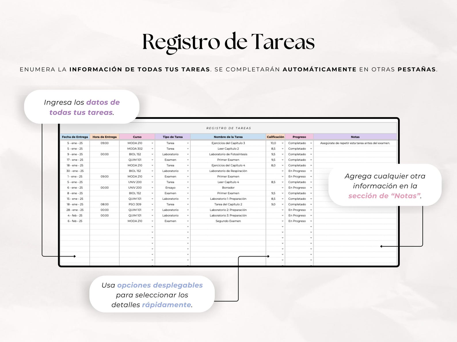 Plantilla De Seguimiento De Tareas | Google Sheets Y Excel | Registro ...