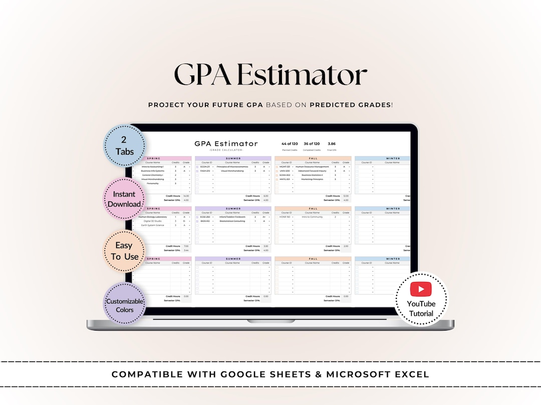 GPA Calculator Template: Grade Tracker for Google Sheets & Excel ...