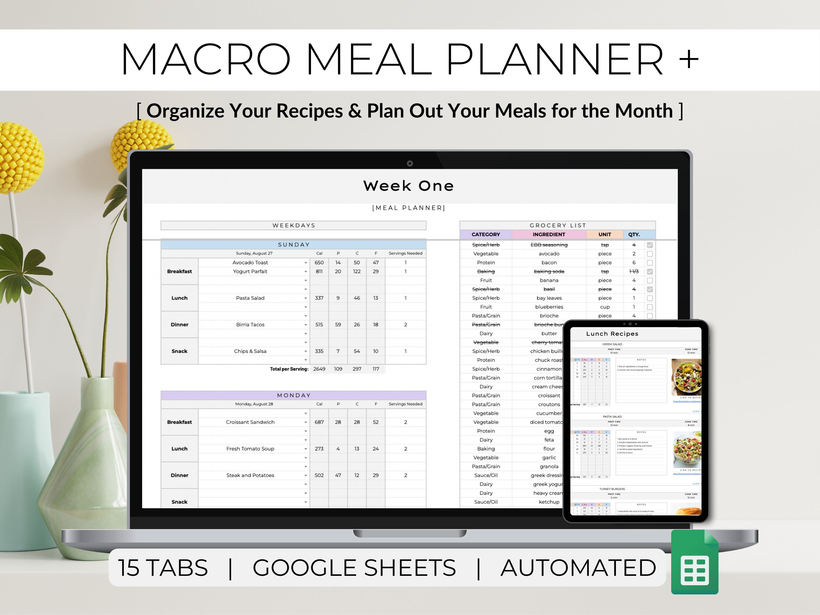 Macro Meal Planner and Grocery List, Google Sheets, Monthly Meal ...