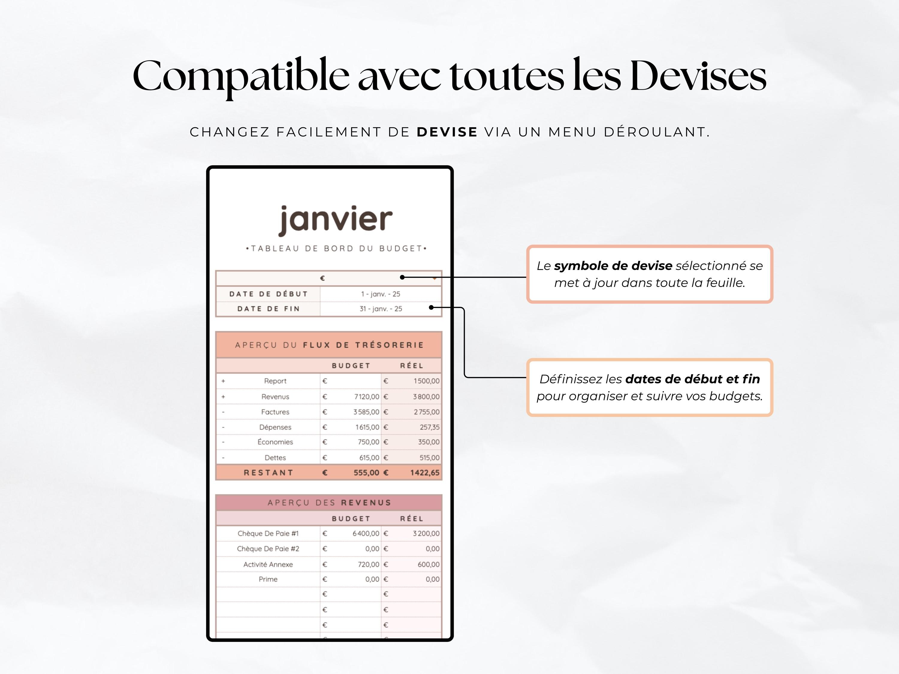 Tableau de budget mensuel | Modèle Excel & Google Sheets Gestion ...