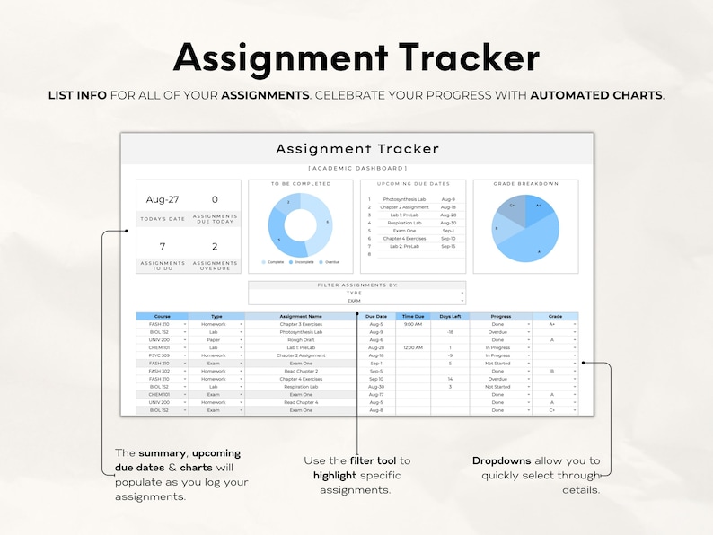 Assignment Tracker Spreadsheet, Google Sheets Template, Homework ...