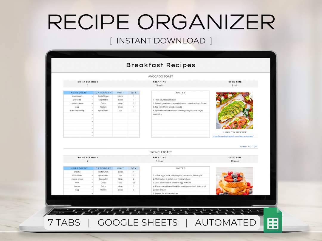 Recipe Organizer Google Sheets Recipe Log Digital Recipe - Etsy