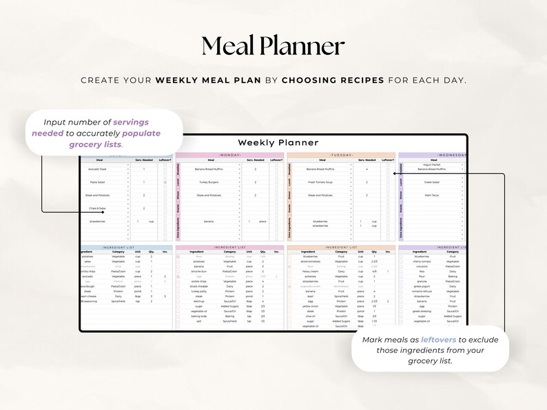 Weekly Meal Planner & Grocery List Google Sheets Template Food Prep ...