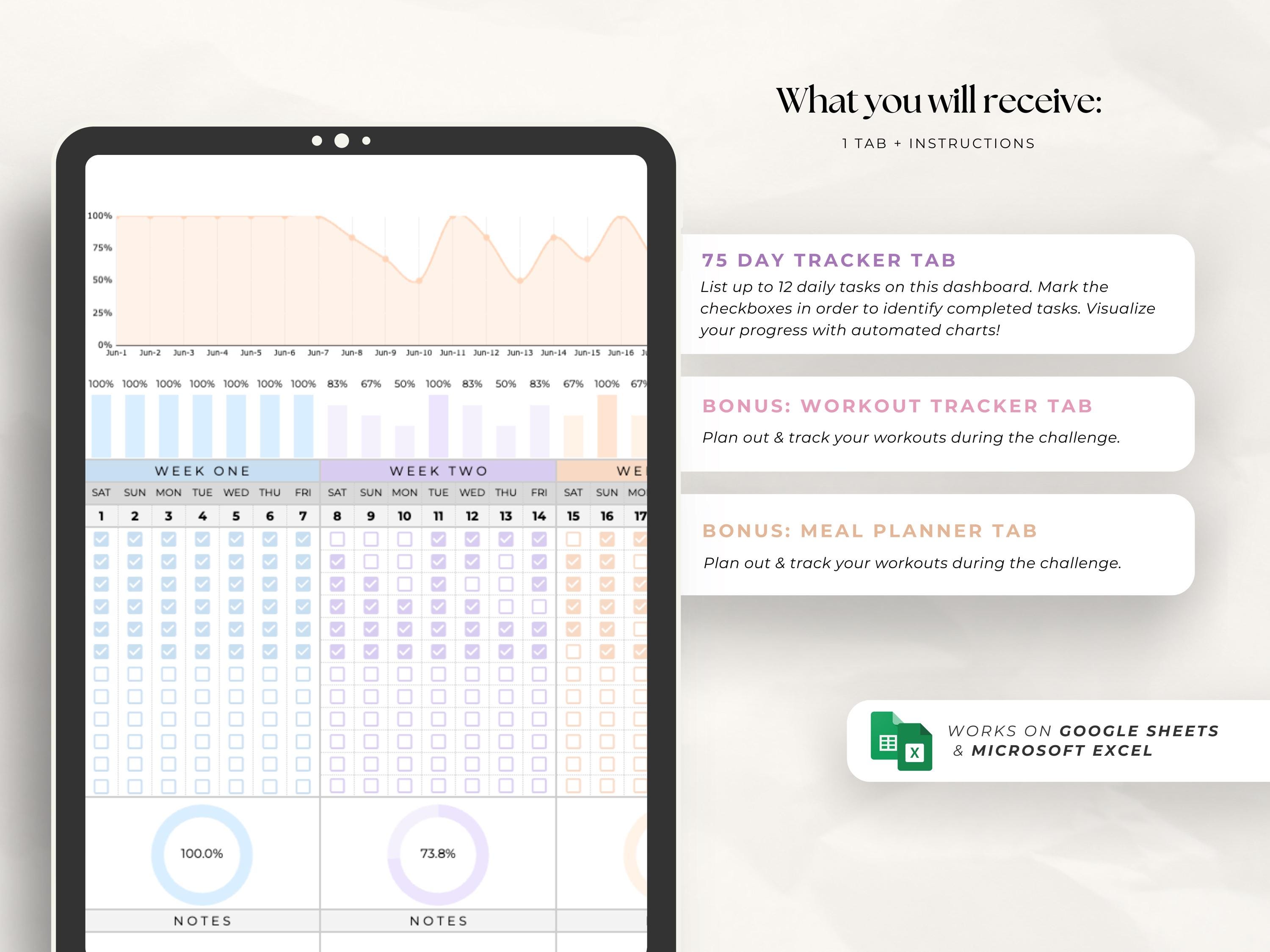75 Day Challenge Tracker | Google Sheets & Microsoft Excel | Meal ...