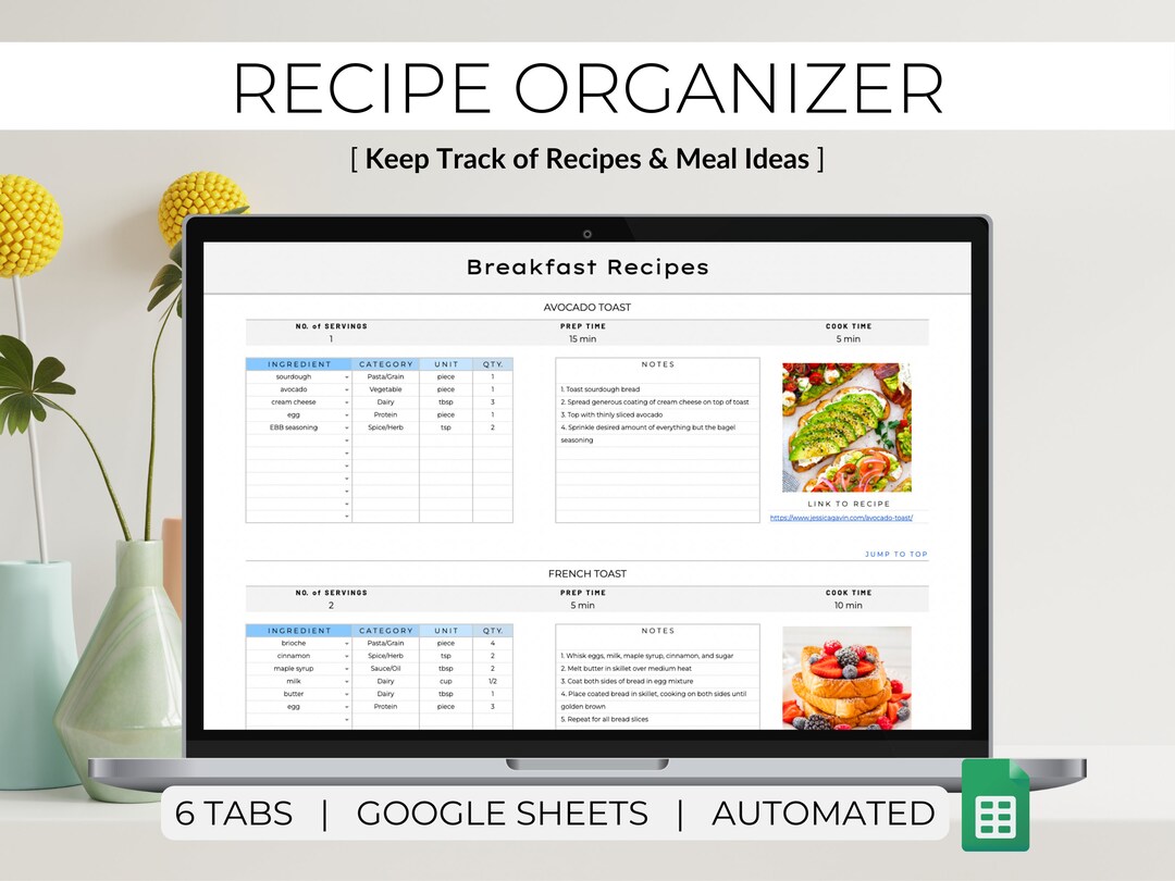 Recipe Organizer, Google Sheets, Recipe Log, Digital Recipe Book - Etsy