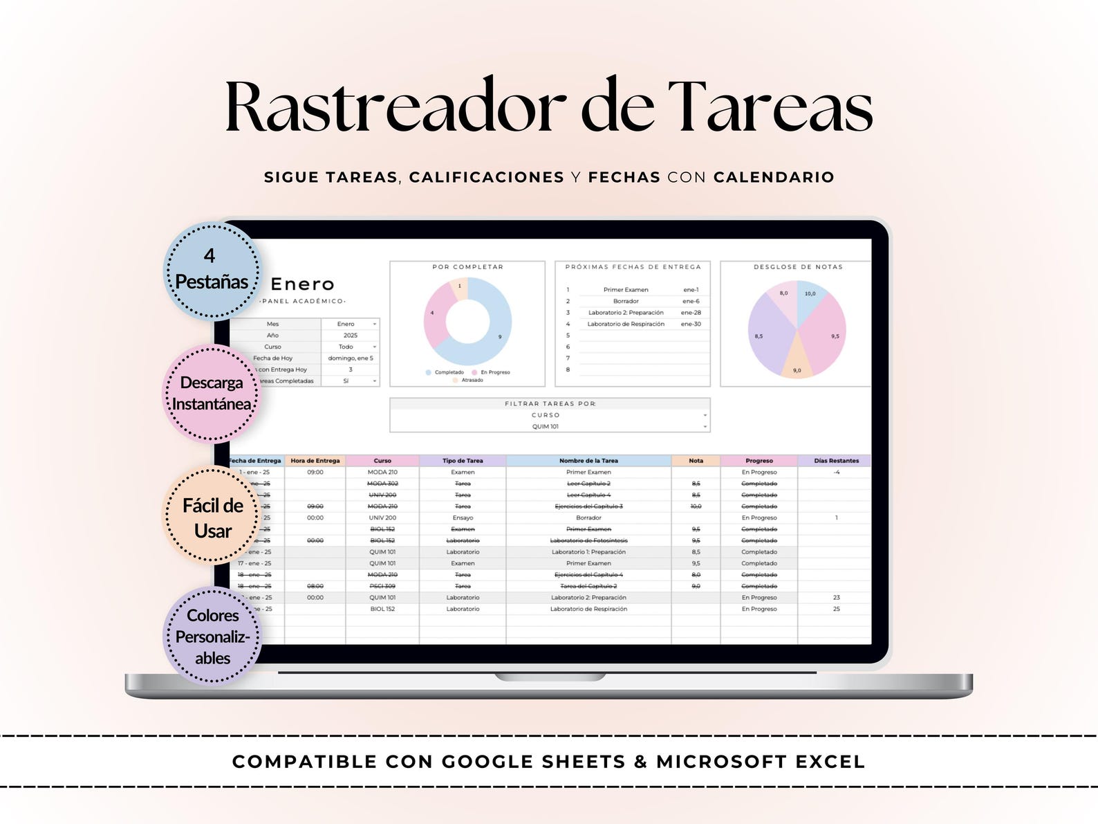 Plantilla De Seguimiento De Tareas | Google Sheets Y Excel | Registro ...