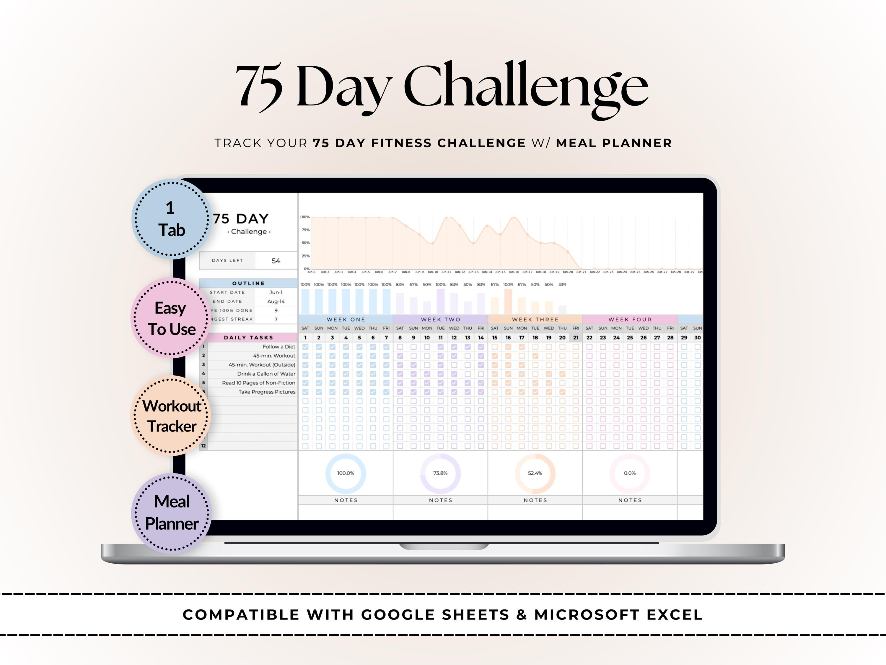 75 Day Challenge Tracker | Google Sheets & Microsoft Excel | Meal ...