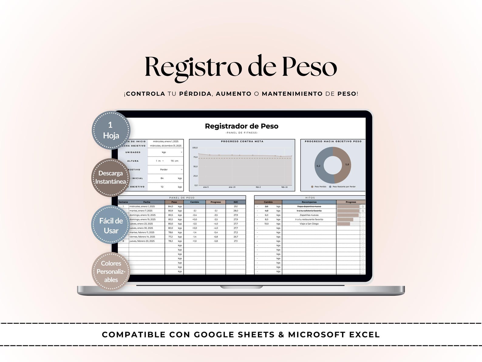 Registro Peso Digital | Google Sheets Y Excel | Planilla Editable - Etsy