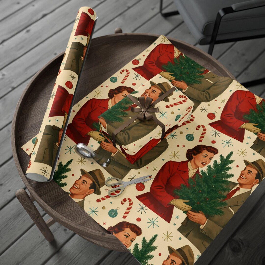 Retro 1950s Christmas Wrapping Paper, Couple With Tree - Etsy