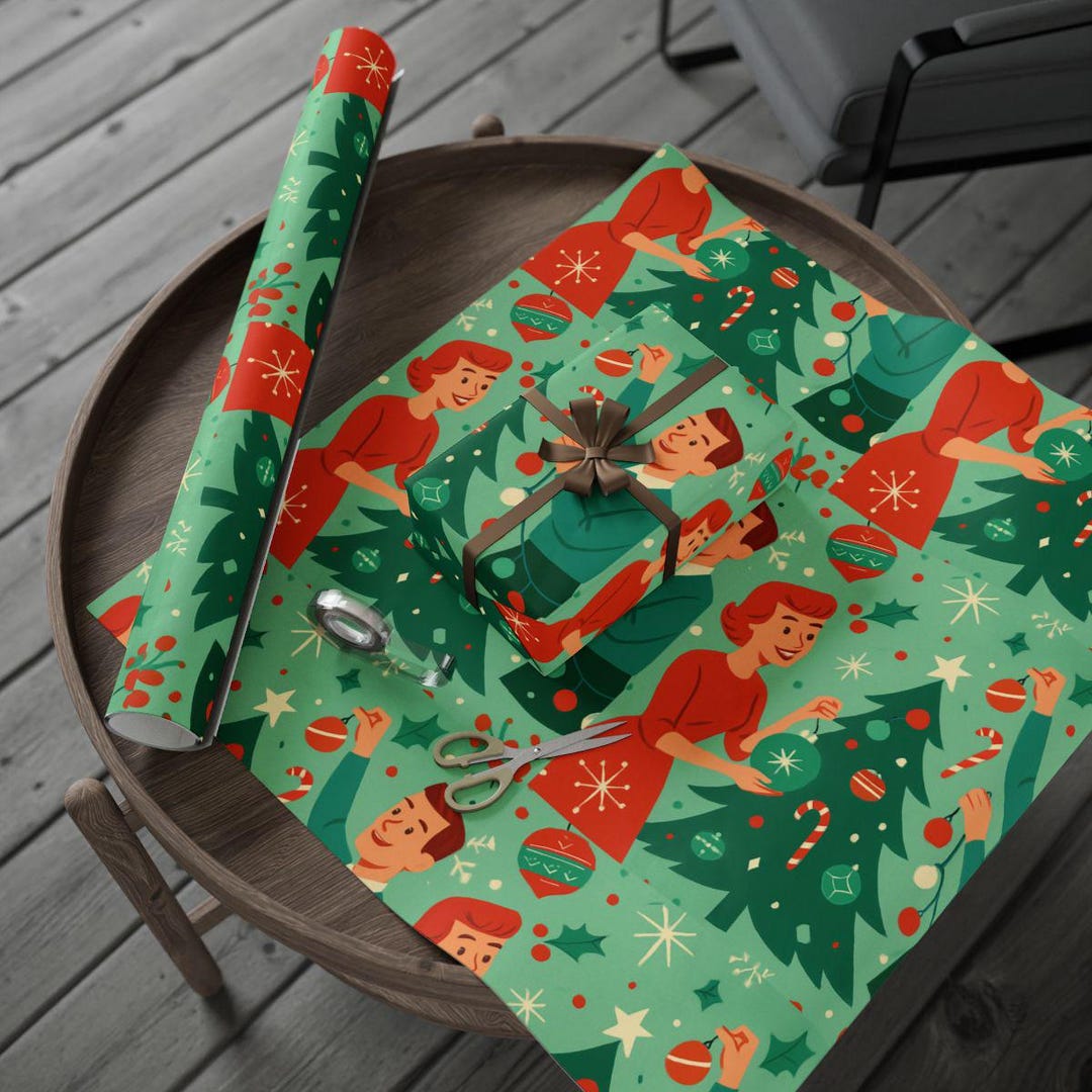 Retro Christmas Wrapping Paper, 1950s Family Decorating Tree - Etsy