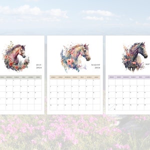 Printable Monthly Calendar 2024 With Watercolored Floral Horses ...