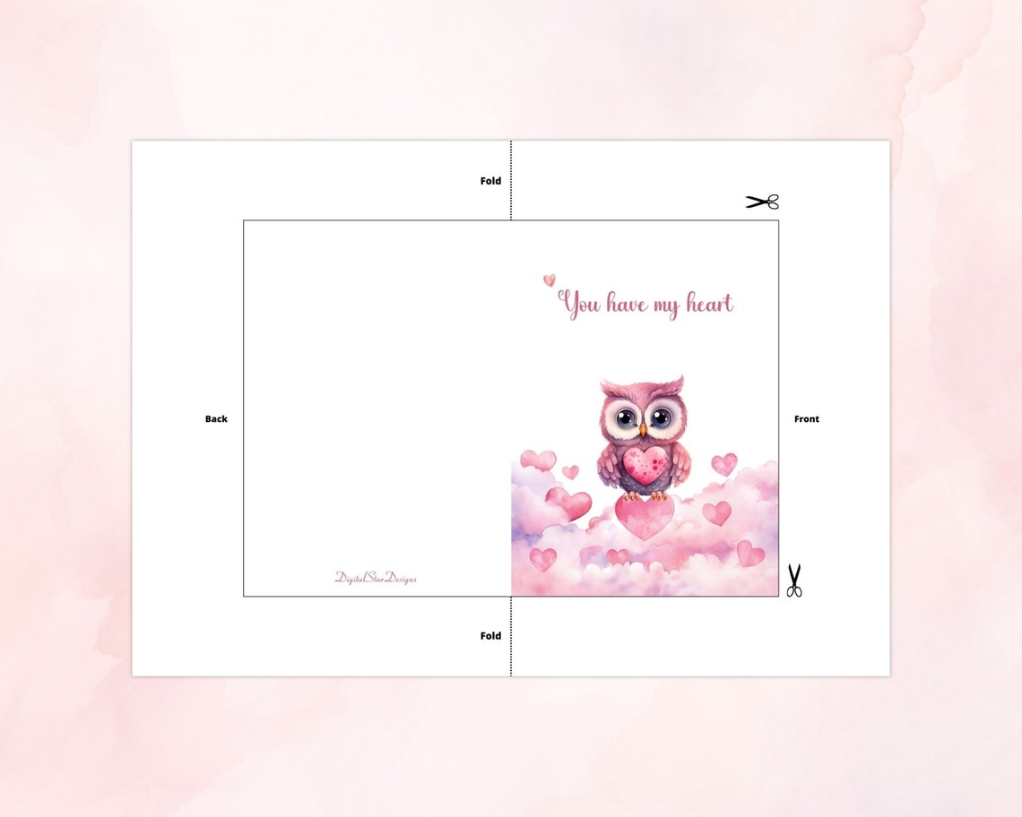 Printable Love Greeting Card With Cute Love Owl on Clouds, Digital Card ...