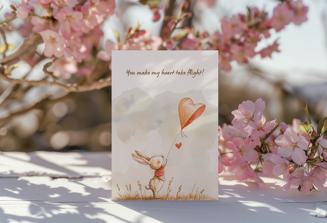 Printable Card With Rabbit and Kite, Love Card, Digital Card, Romantic ...