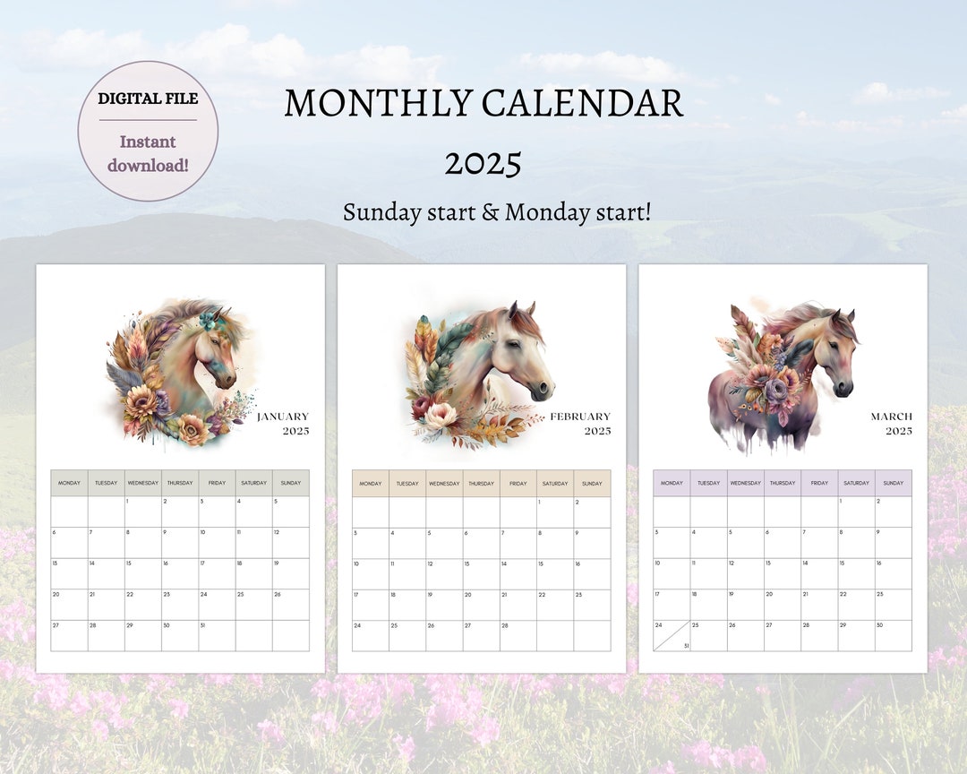 Printable Monthly Calendar 2025 With Floral Boho Horses, Wall Calendar ...