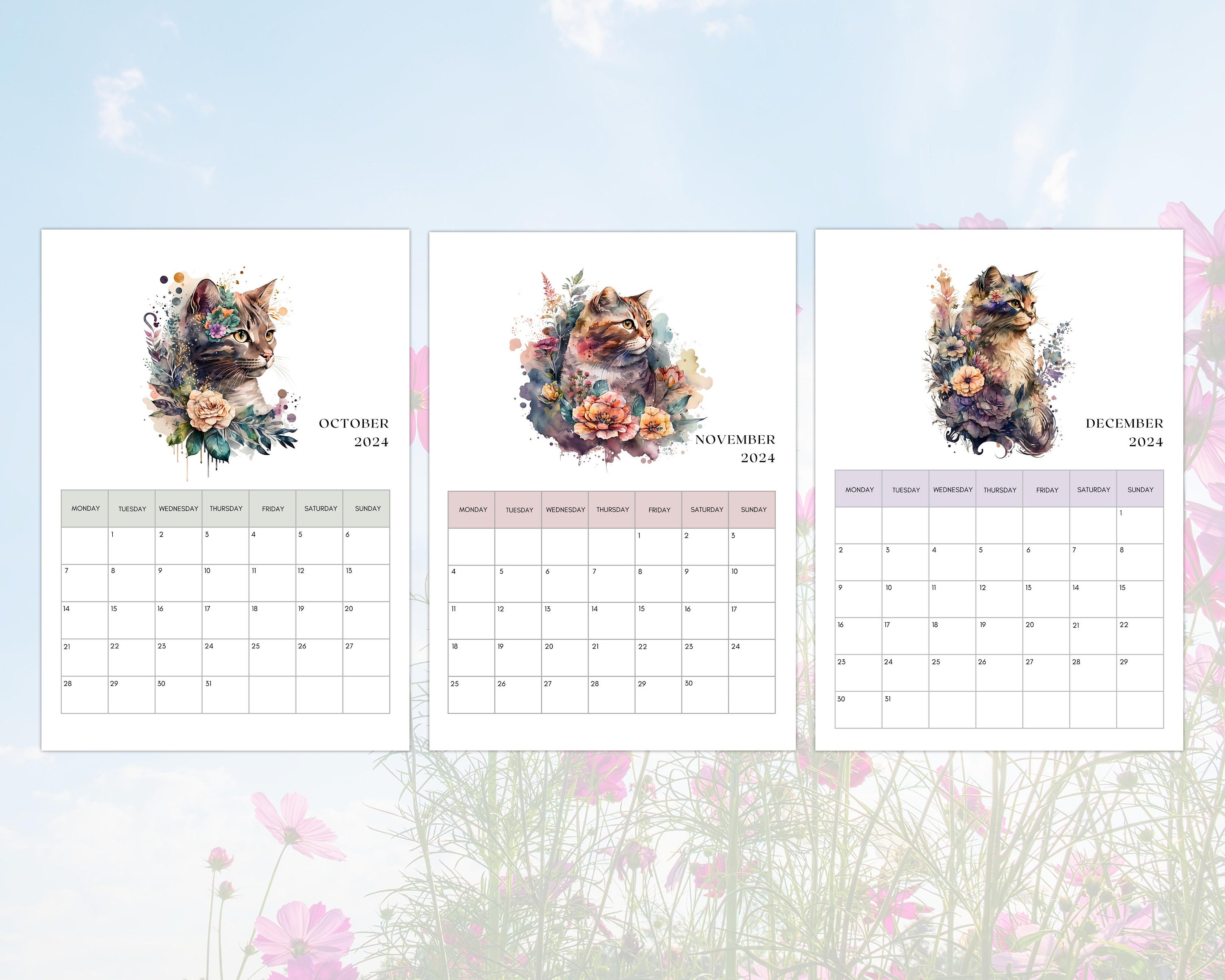 Printable Monthly Calendar 2024 With Watercolor Floral Cats - Etsy Canada
