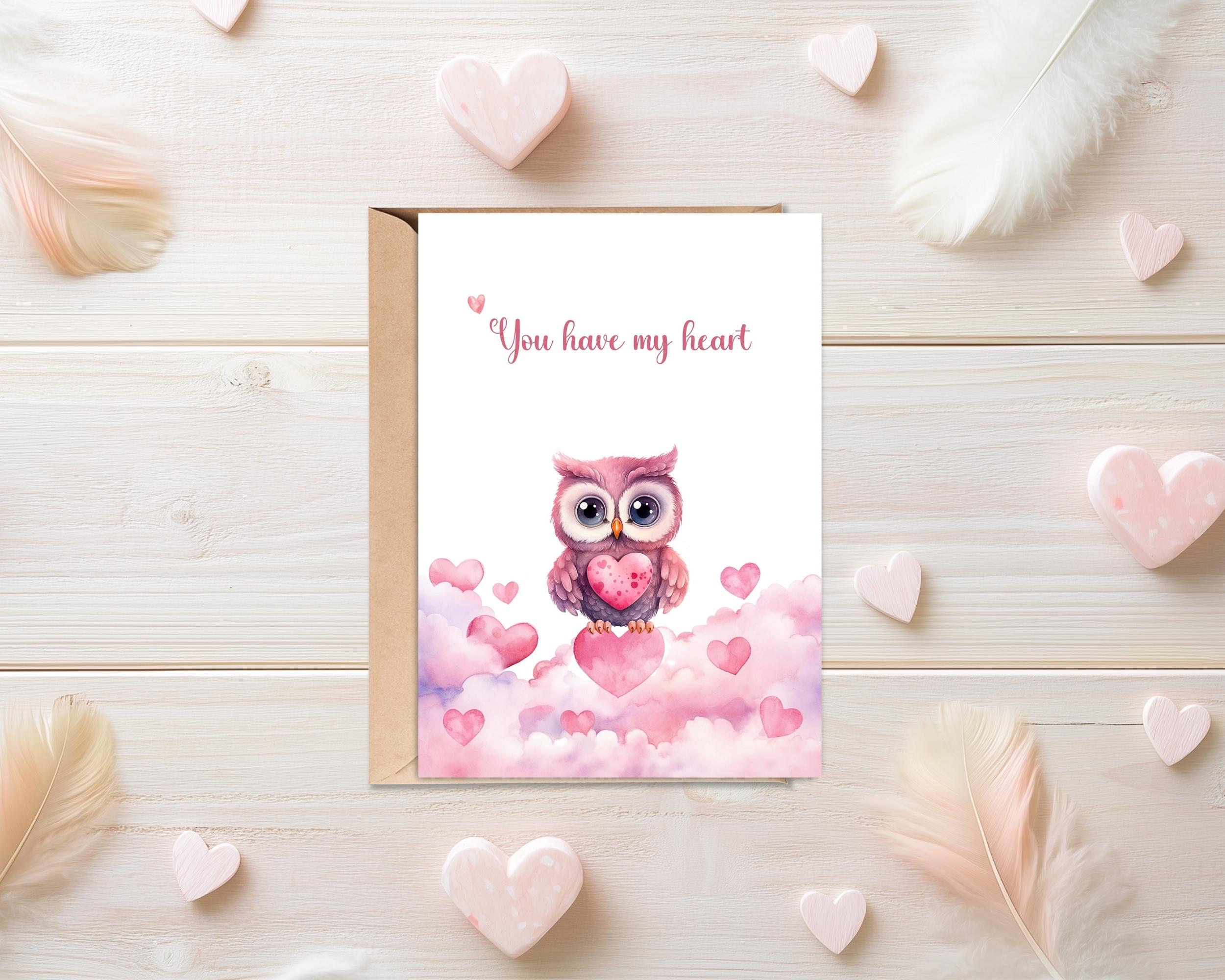 Printable Love Greeting Card With Cute Love Owl on Clouds, Digital Card ...