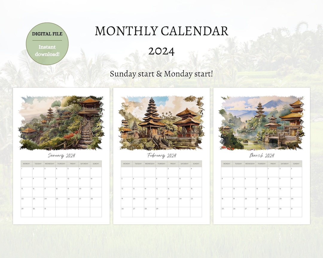 Printable Calendar 2024 Inspired by Bali, Digital Calendar, Wall ...