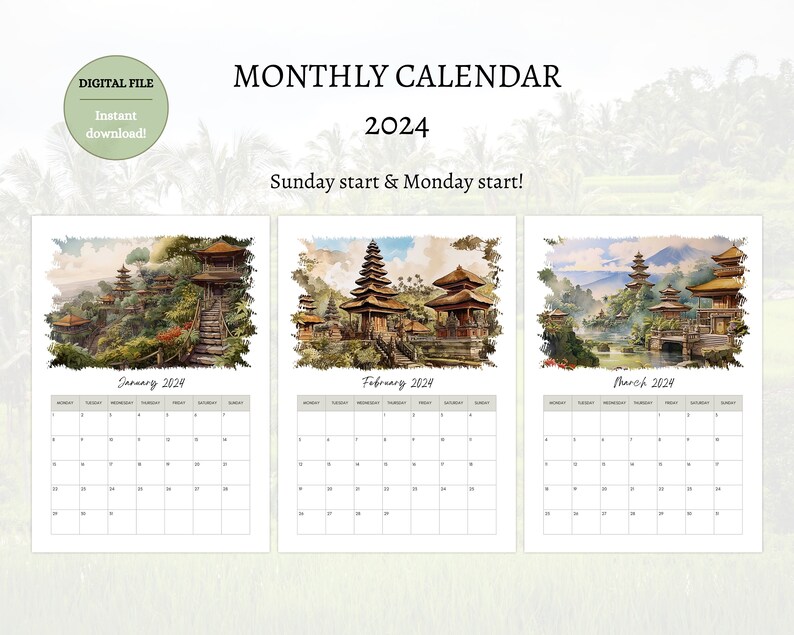 Printable Calendar 2024 Inspired by Bali, Digital Calendar, Wall ...