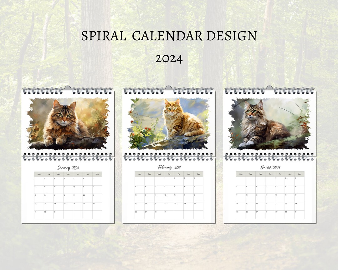 Printable Spiral Calendar Design With Cats in Nature in Watercolor ...
