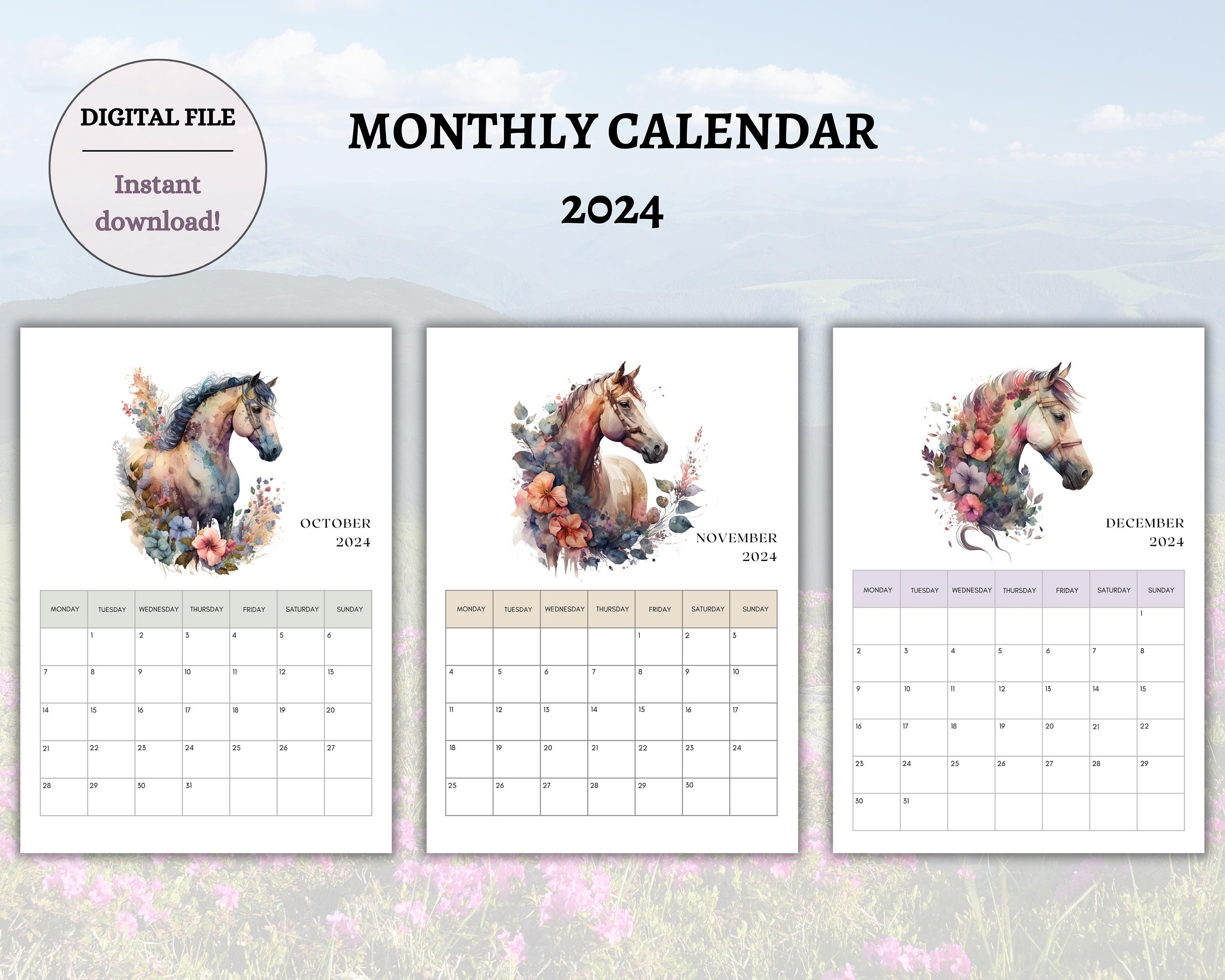 Printable Monthly Calendar 2024 With Watercolored Floral - Etsy