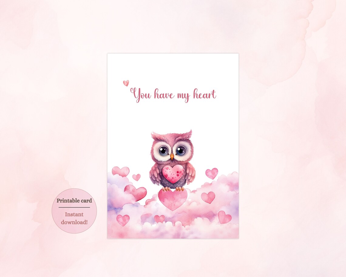 Printable Love Greeting Card With Cute Love Owl on Clouds, Digital Card ...