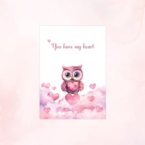 Printable Love Greeting Card With Cute Love Owl on Clouds, Digital Card ...