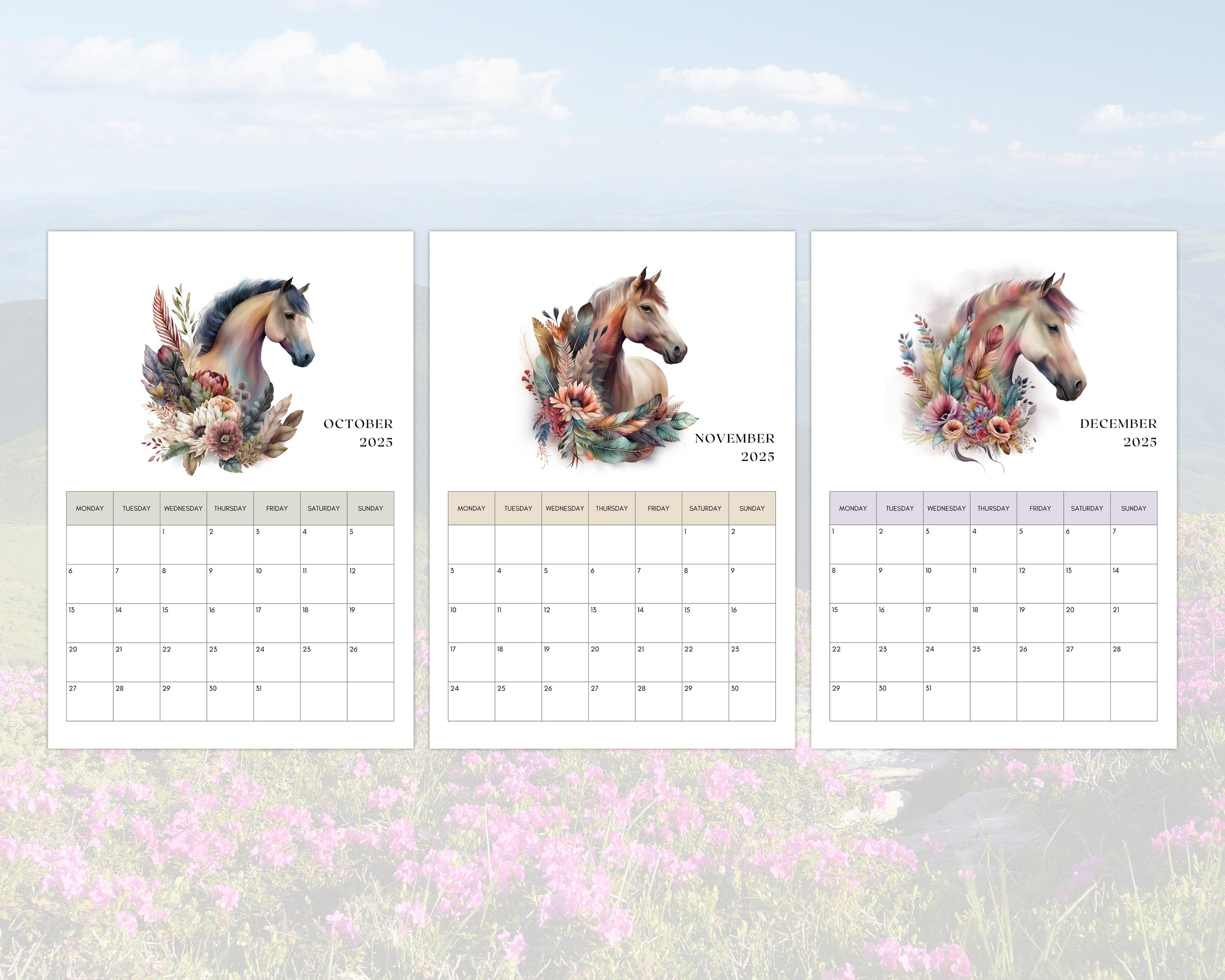 Printable Monthly Calendar 2025 With Floral Boho Horses, Wall Calendar ...