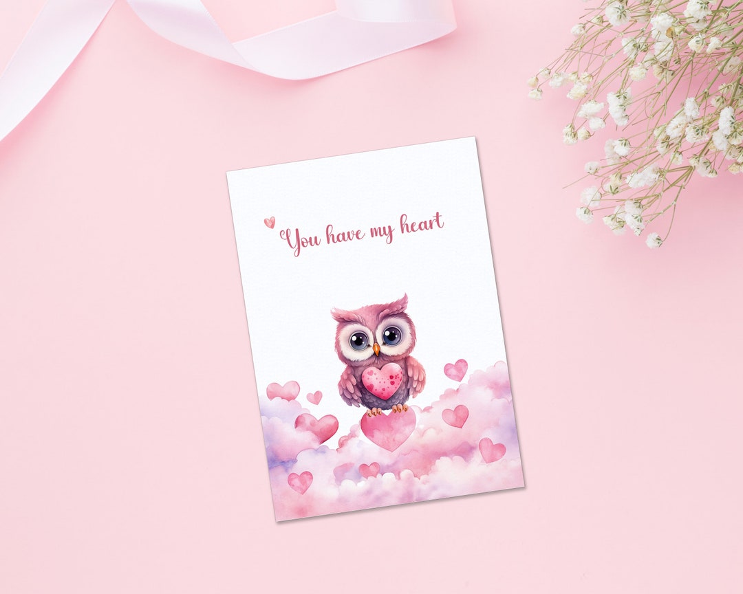 Printable Love Greeting Card With Cute Love Owl on Clouds, Digital Card ...