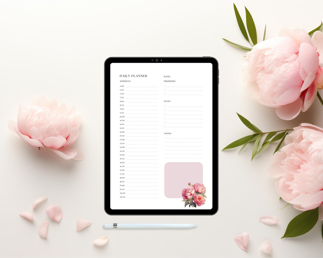 Daily Planner With Peony Roses, Digital Planner, Undated - Etsy